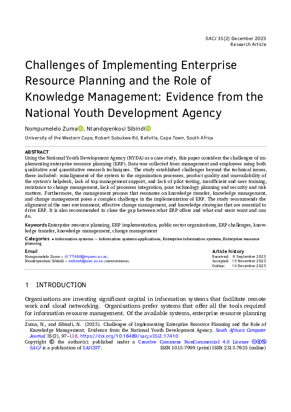 (PDF) Challenges of Implementing Enterprise Resource Planning and The Role of Knowledge Management