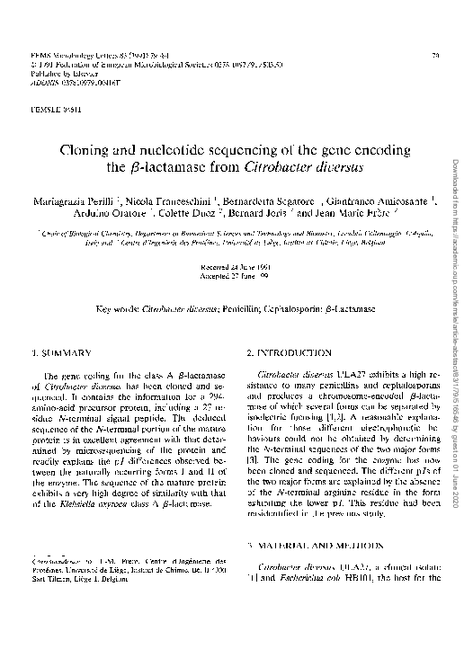 (PDF) Cloning and nucleotide sequencing of the gene encoding the Î² ...