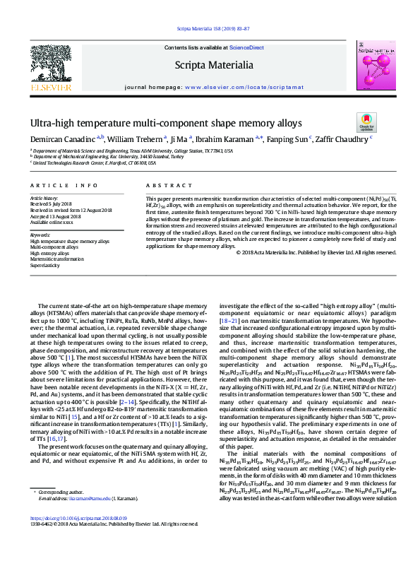 (PDF) Ultra-high temperature multi-component shape memory alloys