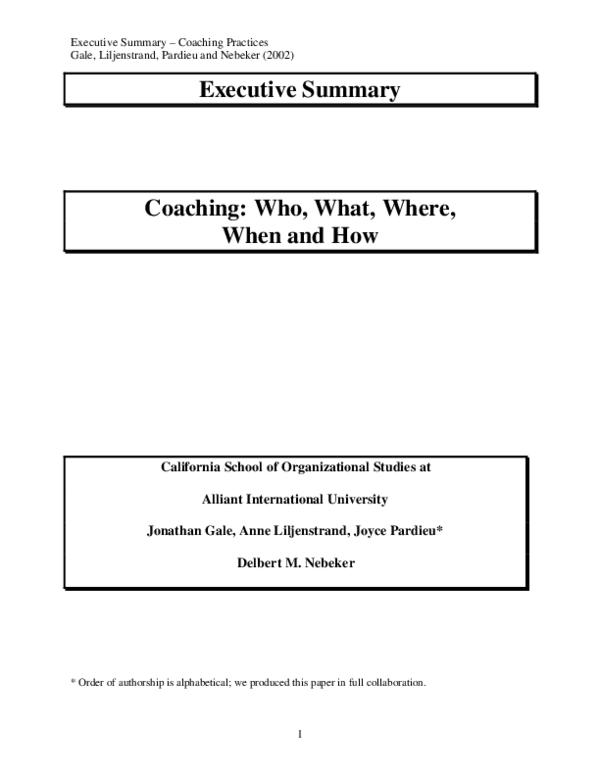 (PDF) Coaching: Who, What, Where, When and How: Executive Summary ...