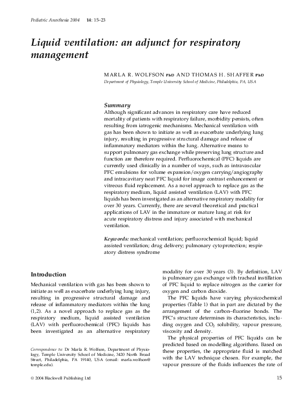 (PDF) Liquid ventilation: an adjunct for respiratory management