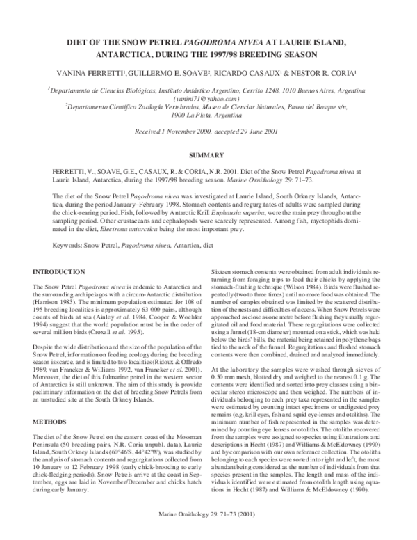 (PDF) Diet of snow petrel Pagodroma nivea at Laurie Island, Antarctica ...