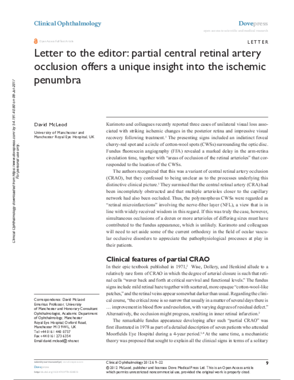 (PDF) Letter to the editor: partial central retinal artery occlusion ...