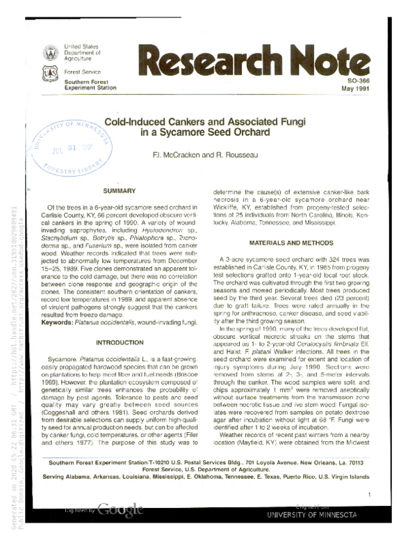(PDF) Cold-Induced Cankers and Associated Fungi in a Sycamore Seed Orchard
