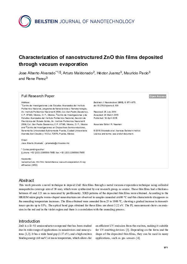 (PDF) Characterization of nanostructured ZnO thin films deposited through vacuum evaporation