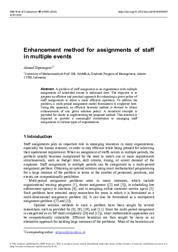 (PDF) Enhancement method for assignments of staff in multiple events