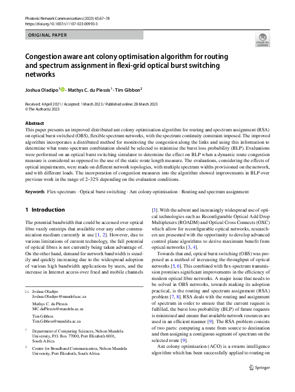 Pdf Congestion Aware Ant Colony Optimisation Algorithm For Routing And Spectrum Assignment In
