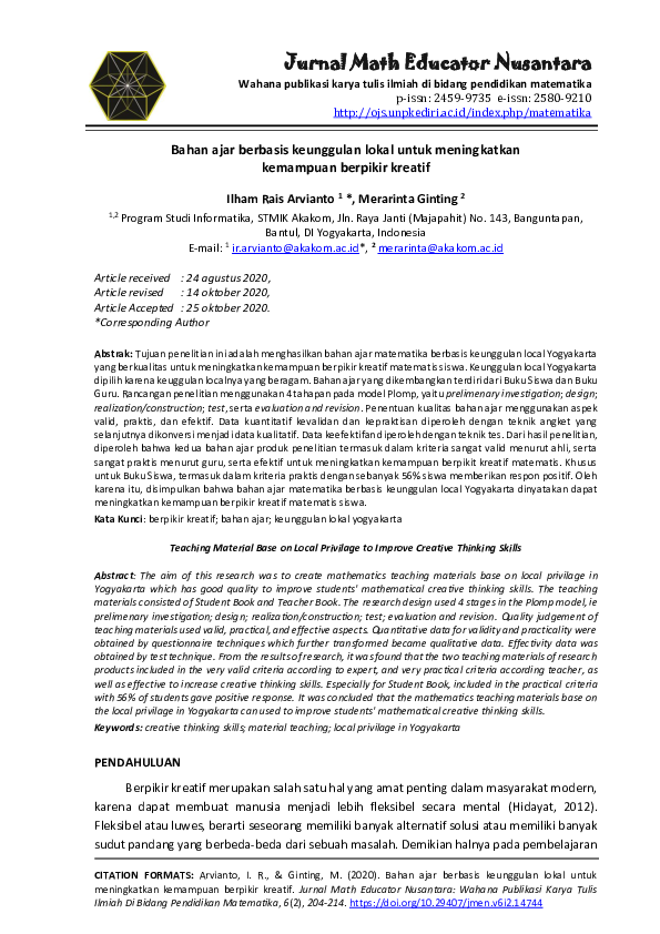 Bahan ajar berbasis keunggulan lokal untuk meningkatkan kemampuan berpikir kreatif