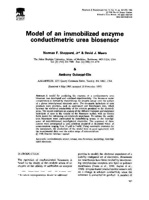(PDF) Model of an immobilized enzyme conductimetric urea biosensor