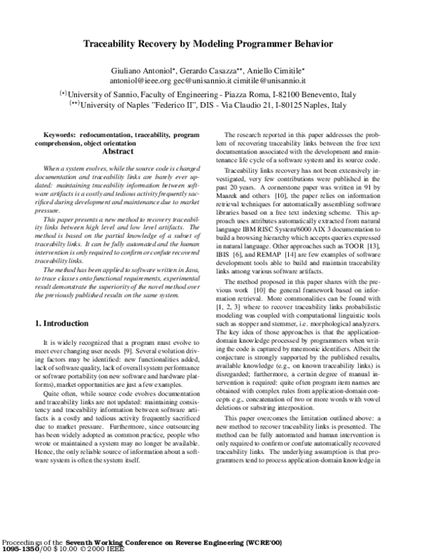 (PDF) Traceability recovery by modeling programmer behavior