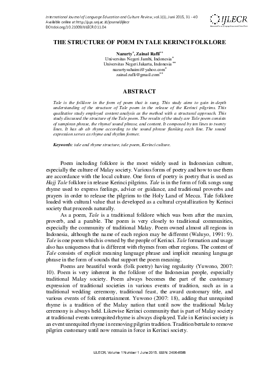 (PDF) The Structure of Poem in Tale Kerinci Folklore