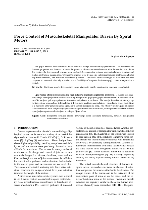 (PDF) Force Control of Musculoskeletal Manipulator Driven By Spiral ...