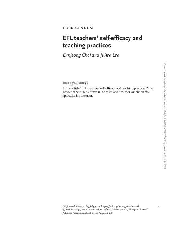 (PDF) EFL teachers’ self-efficacy and teaching practices | Juhee Lee ...