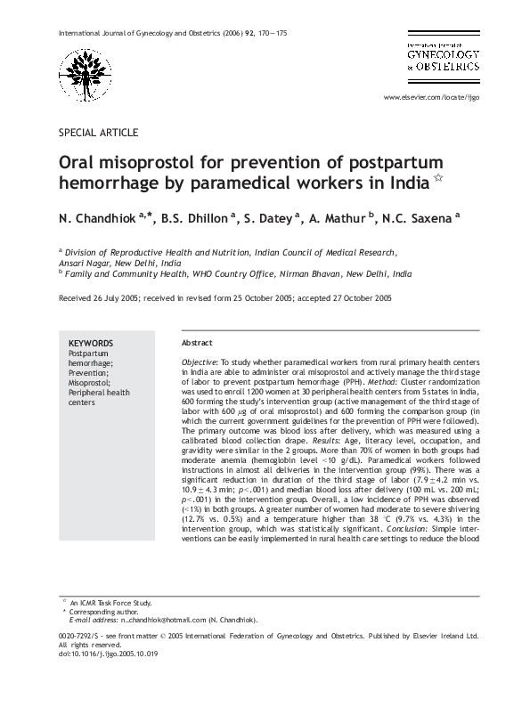 (PDF) Oral misoprostol for prevention of postpartum hemorrhage by ...