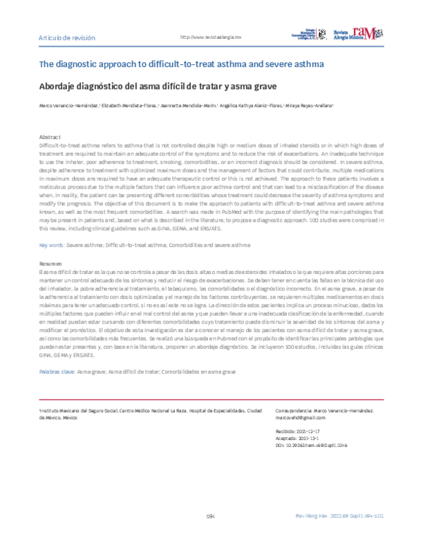 (PDF) Abordaje diagnóstico del asma difícil de tratar y asma grave