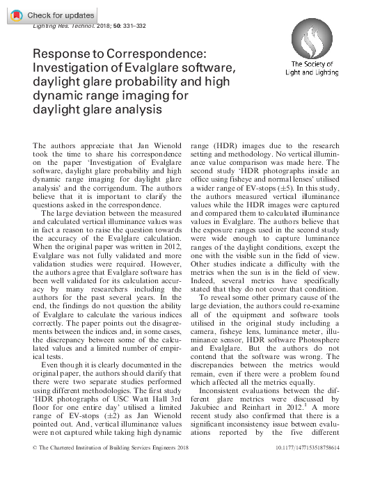 (PDF) Response to Correspondence: Investigation of Evalglare software ...