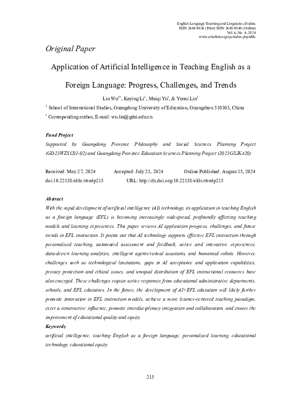 (PDF) Application of Artificial Intelligence in Teaching English as a Foreign Language: Progress ...