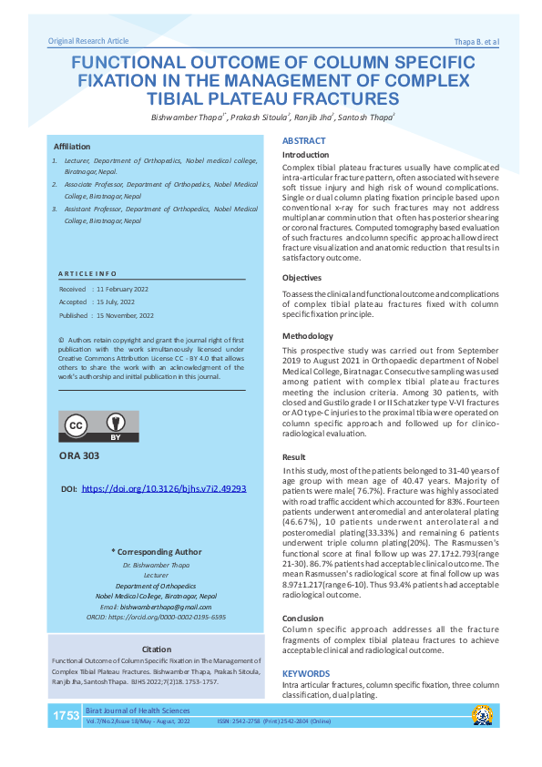(PDF) Functional outcome of column specific fixation in the management of complex tibial plateau ...