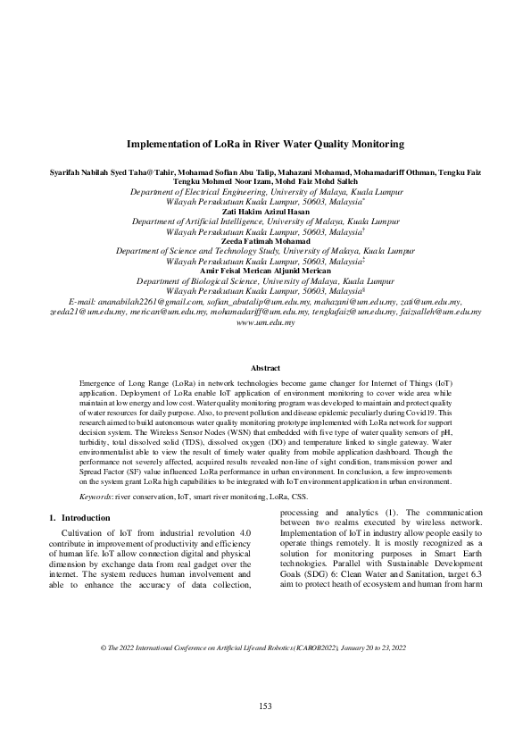 (PDF) Implementation of LoRa in River Water Quality Monitoring