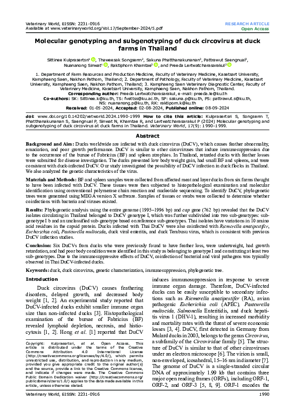 (PDF) Molecular genotyping and subgenotyping of duck circovirus at duck farms in Thailand