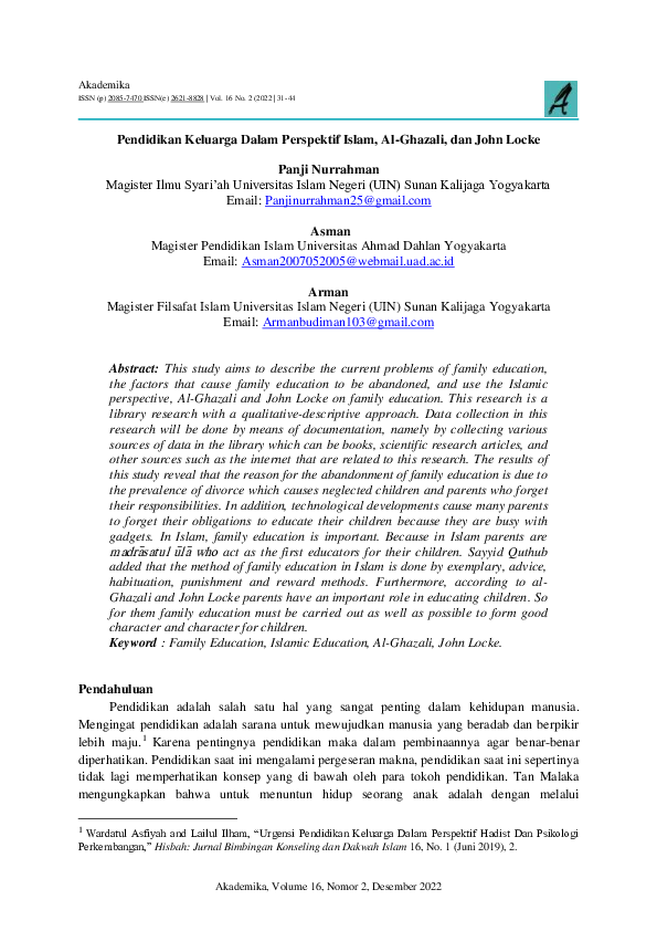 (PDF) Pendidikan Keluarga Dalam Perspektif Islam, Al-Ghazali, dan John Locke