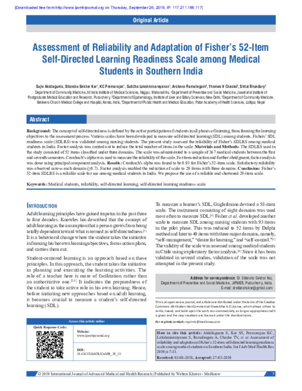 (PDF) Assessment of reliability and adaptation of fisher's 52-item self-directed learning ...