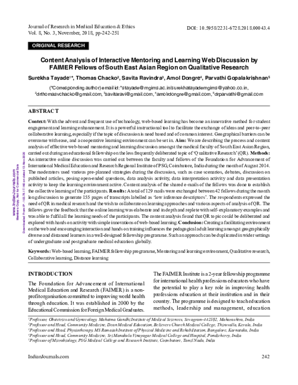 (PDF) Content Analysis of Interactive Mentoring and Learning Web Discussion by FAIMER Fellows of ...