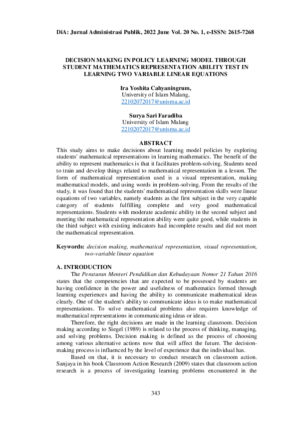 (PDF) Decision Making in Policy Learning Model Through Student Mathematics Representation ...
