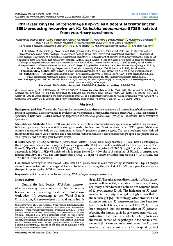 (PDF) Characterizing the bacteriophage PKp-V1 as a potential treatment for ESBL-producing ...
