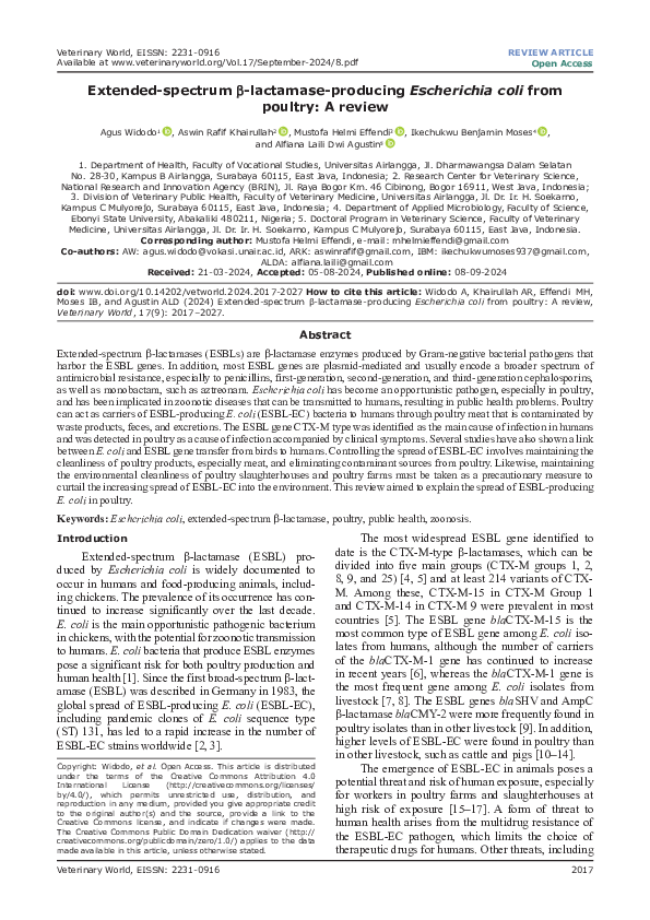 (PDF) Extended-spectrum β-lactamase-producing Escherichia coli from poultry: A review