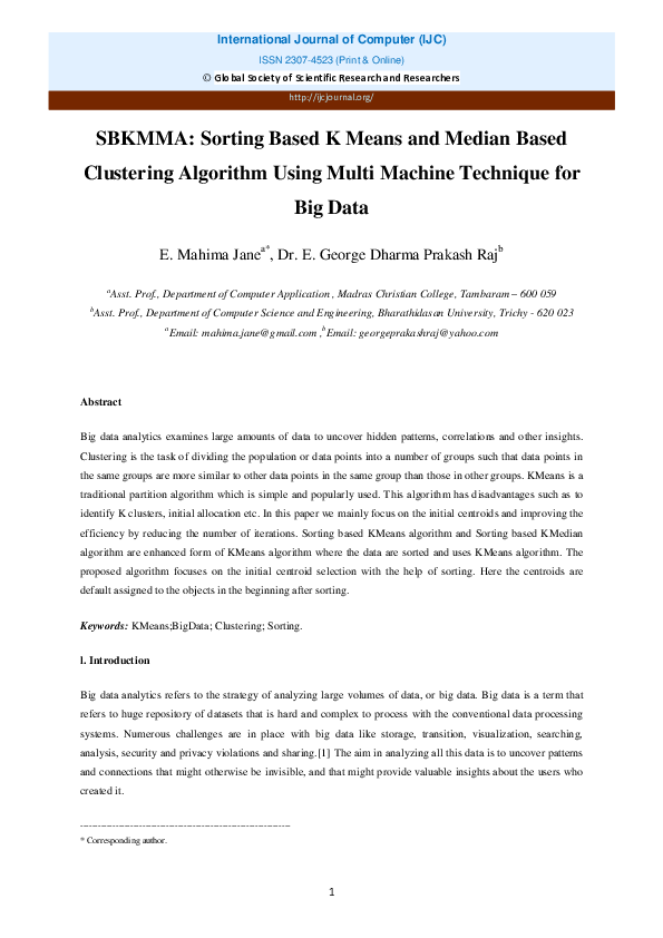 (PDF) SBKMMA: Sorting Based K Means and Median Based Clustering Algorithm Using Multi Machine ...