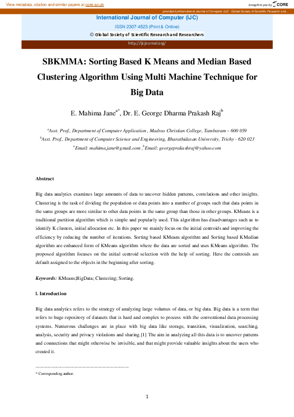 (PDF) SBKMMA: Sorting Based K Means and Median Based Clustering Algorithm Using Multi Machine ...