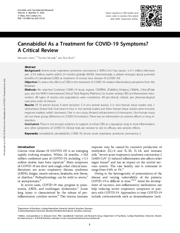 (PDF) Cannabidiol As a Treatment for COVID-19 Symptoms? A Critical Review