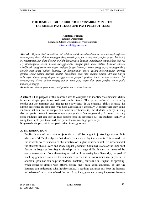 (PDF) The Junior High School Students’Ability in Using the Simple Past ...