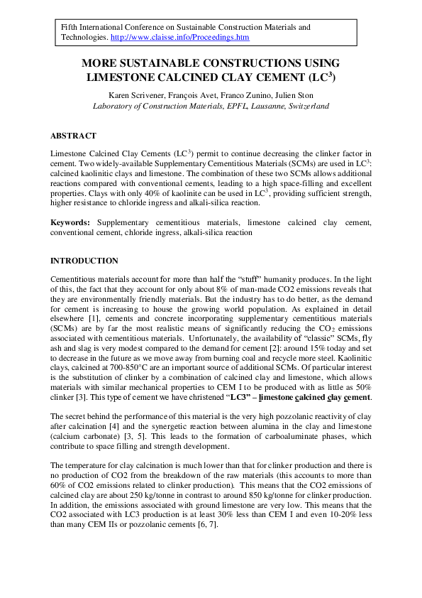(PDF) More sustainable constructions using limestone calcined clay cement (LC³)