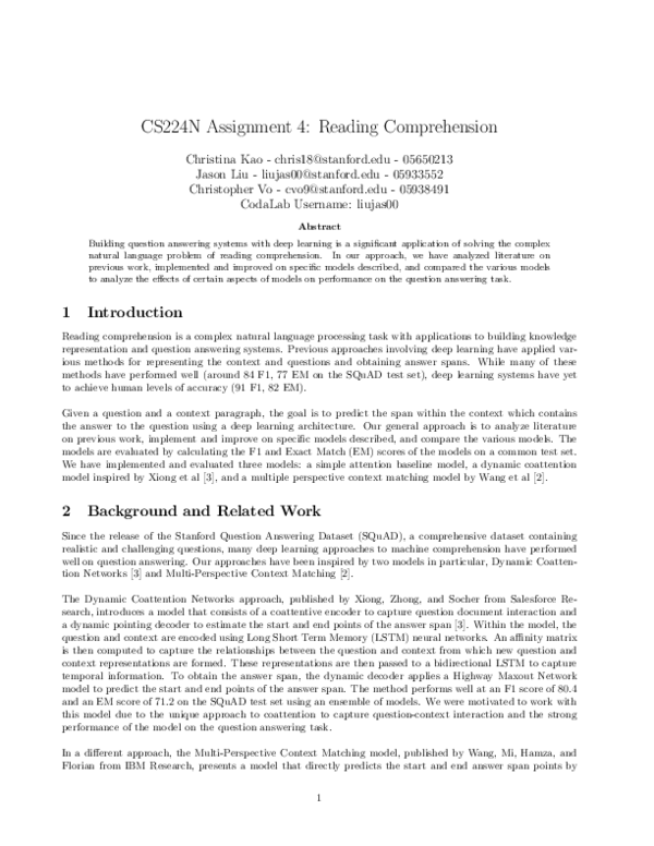 (PDF) CS 224 N Assignment 4 : Reading Comprehension