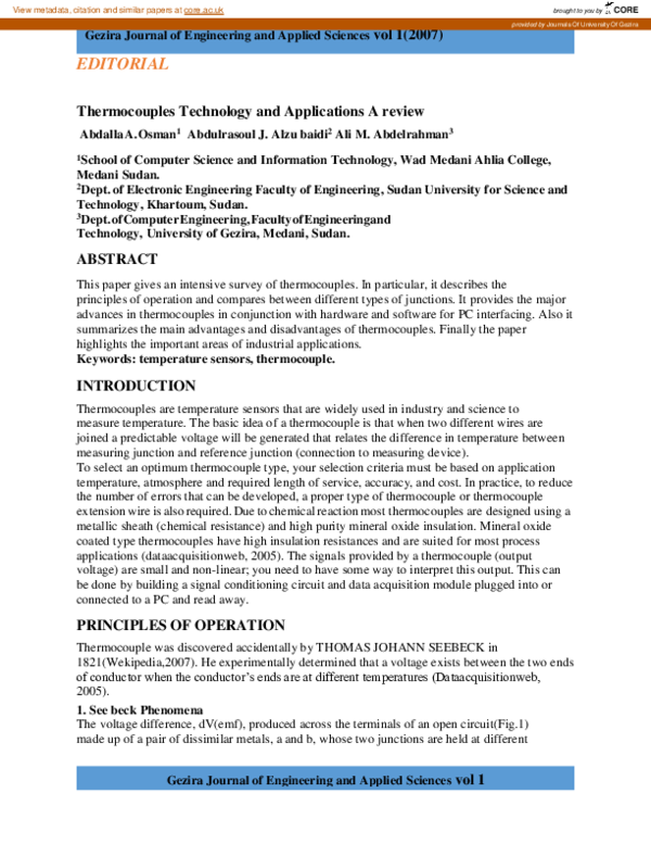 (PDF) Thermocouples Technology and Applications A review