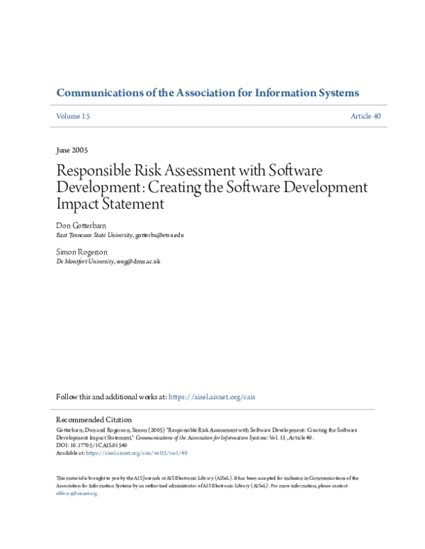 (PDF) Responsible Risk Assessment with Software Development: Creating the Software Development ...