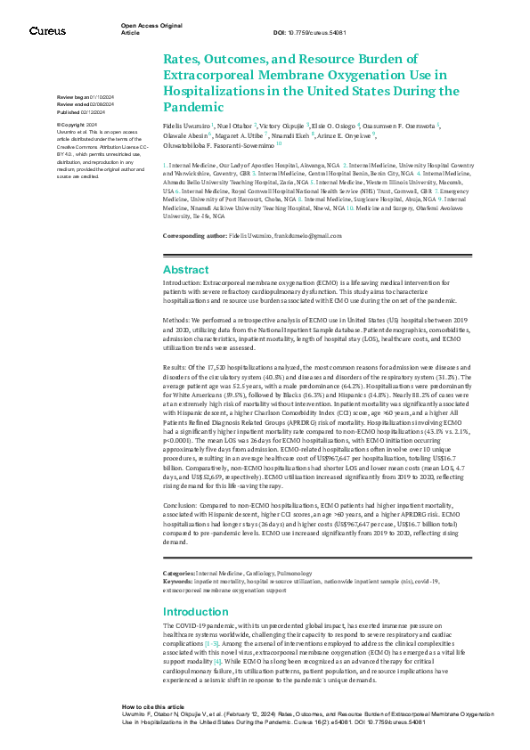 (PDF) Rates, Outcomes, and Resource Burden of Extracorporeal Membrane ...