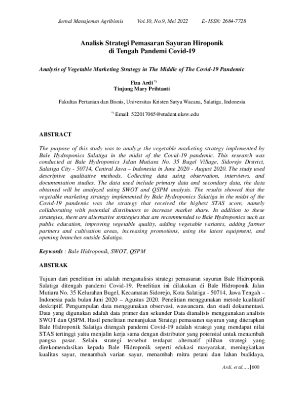 (PDF) Analisis Strategi Pemasaran Sayuran Hiroponik di Tengah Pandemi ...