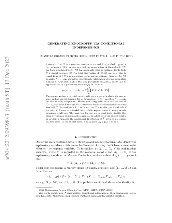 (PDF) Generating knockoffs via conditional independence