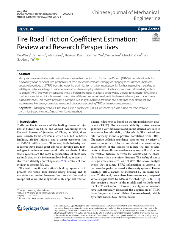(PDF) Tire Road Friction Coefficient Estimation: Review and Research ...