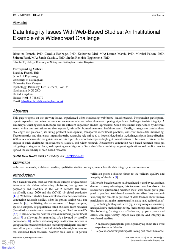 (PDF) Data Integrity Issues With Web-Based Studies: An Institutional ...