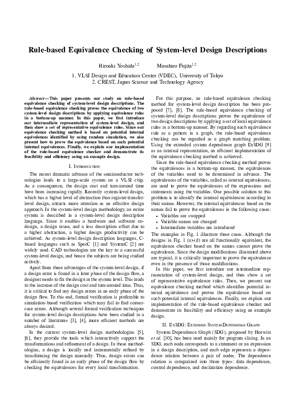 Pdf Rule Based Equivalence Checking Of System Level Design Descriptions Masahiro Fujita