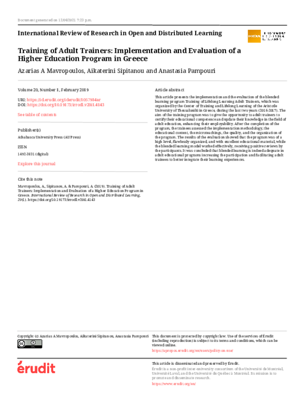(PDF) Training of Adult Trainers: Implementation and Evaluation of a Higher Education Program in ...