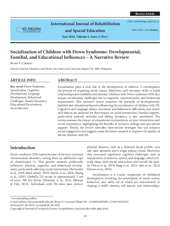 (PDF) Socialization of Children with Down Syndrome: Developmental ...