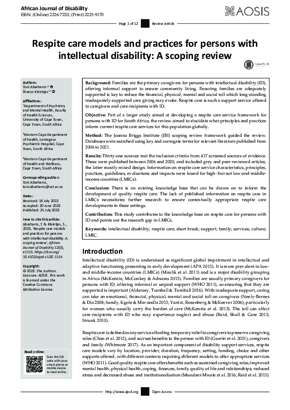 (PDF) Respite care models and practices for persons with intellectual ...