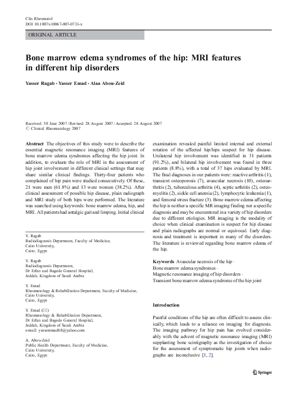 (PDF) Bone marrow edema syndromes of the hip: MRI features in different ...