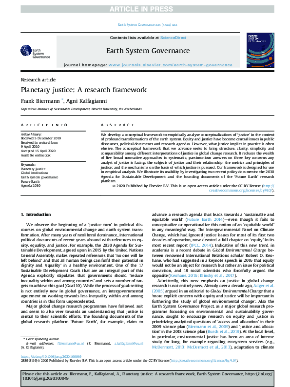 (PDF) Planetary justice: A research framework