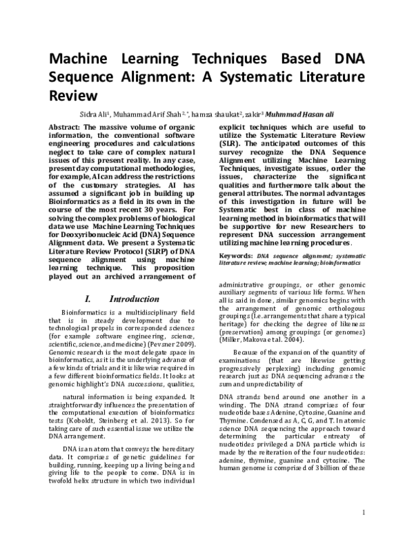 (PDF) Machine Learning Techniques Based DNA Sequence Alignment: A Systematic Literature Review